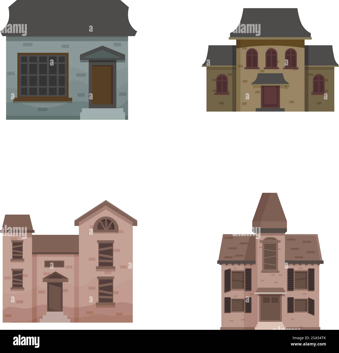 Collection of four unique cartoonstyle houses isolated on a white ...