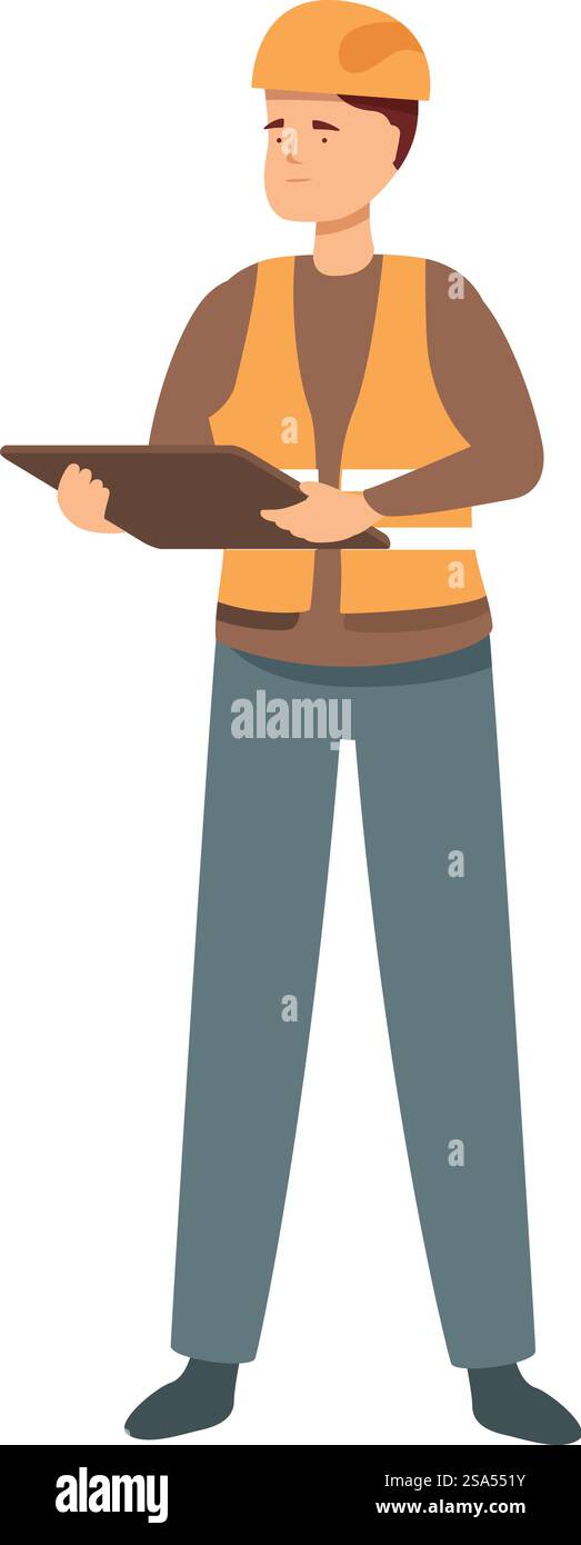 Construction site supervisor wearing safety vest holding digital tablet ...