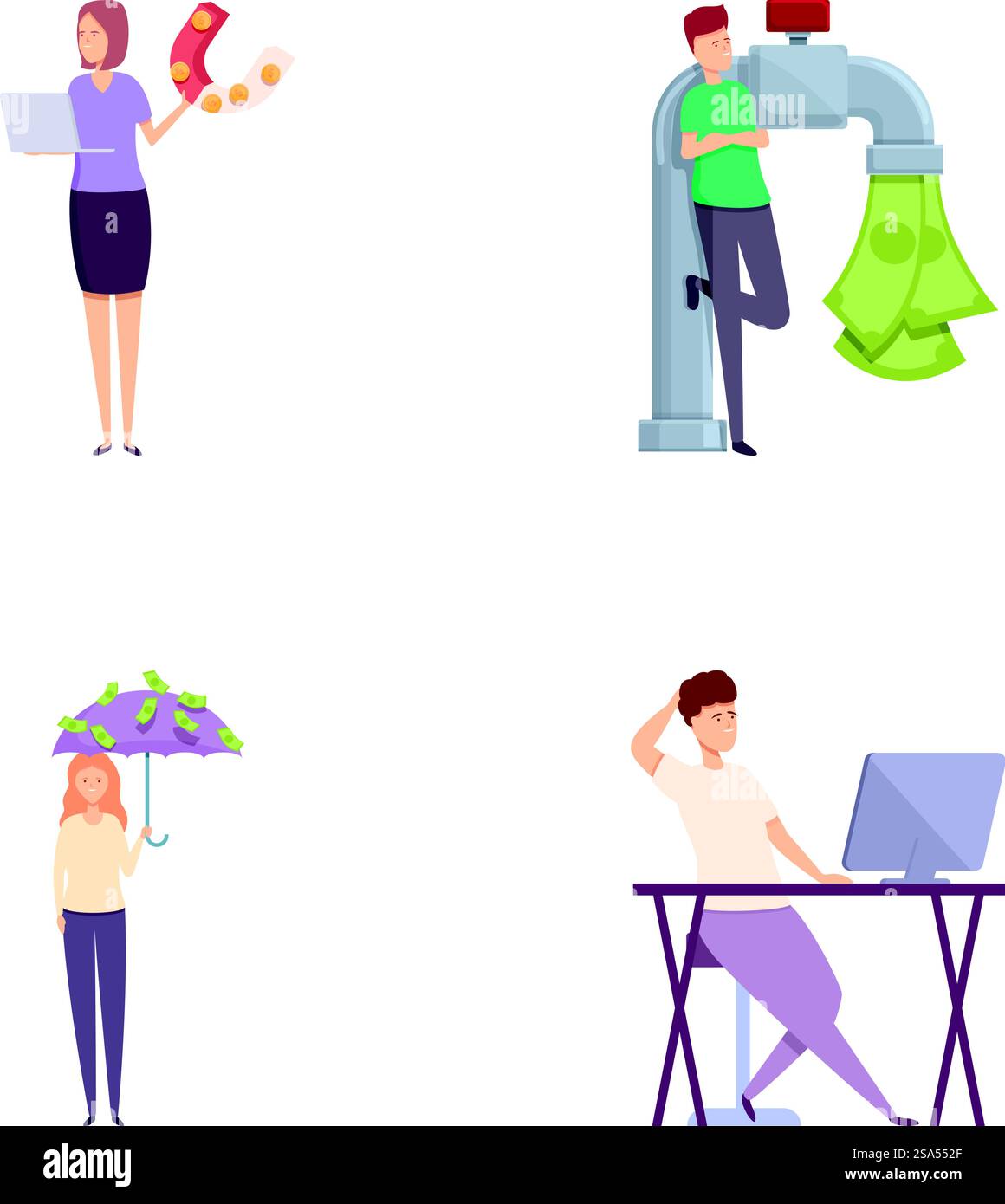 Income icons set cartoon vector. People receive dividend and payment ...