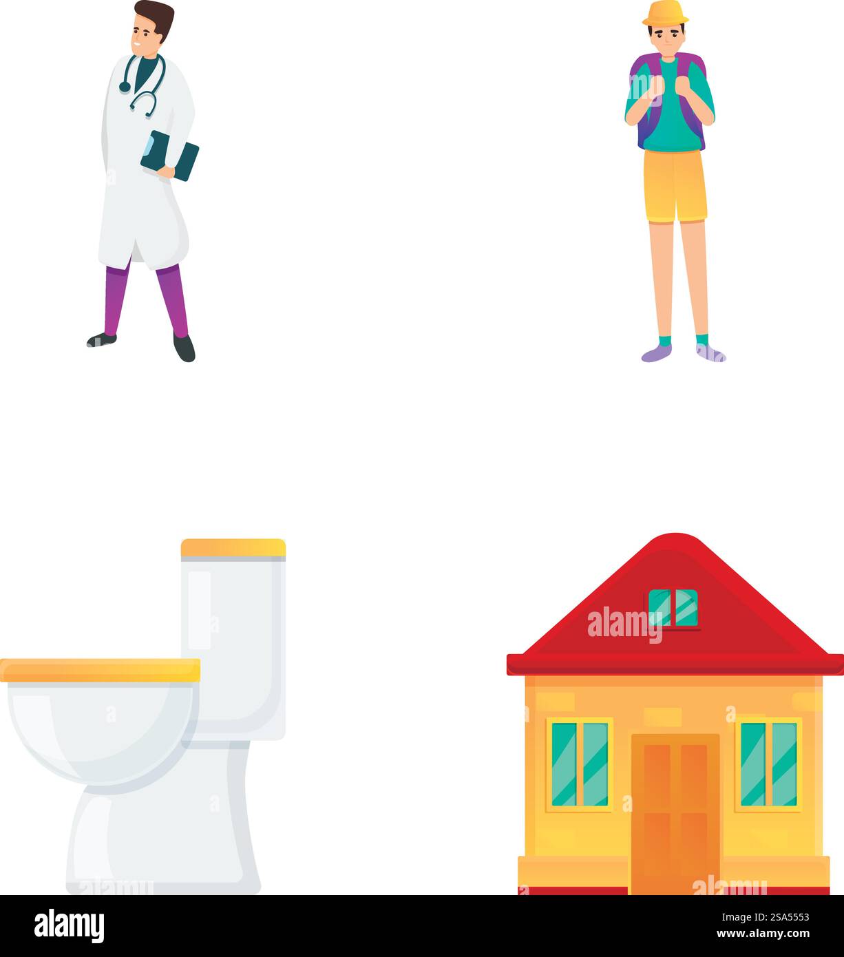 Daily routine icons set cartoon vector. Male doctor, guy traveler and ...