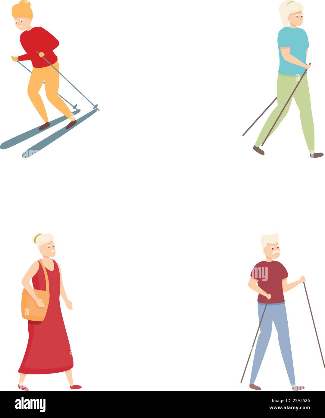 Active aging icons set cartoon vector. Senior people active healthy ...