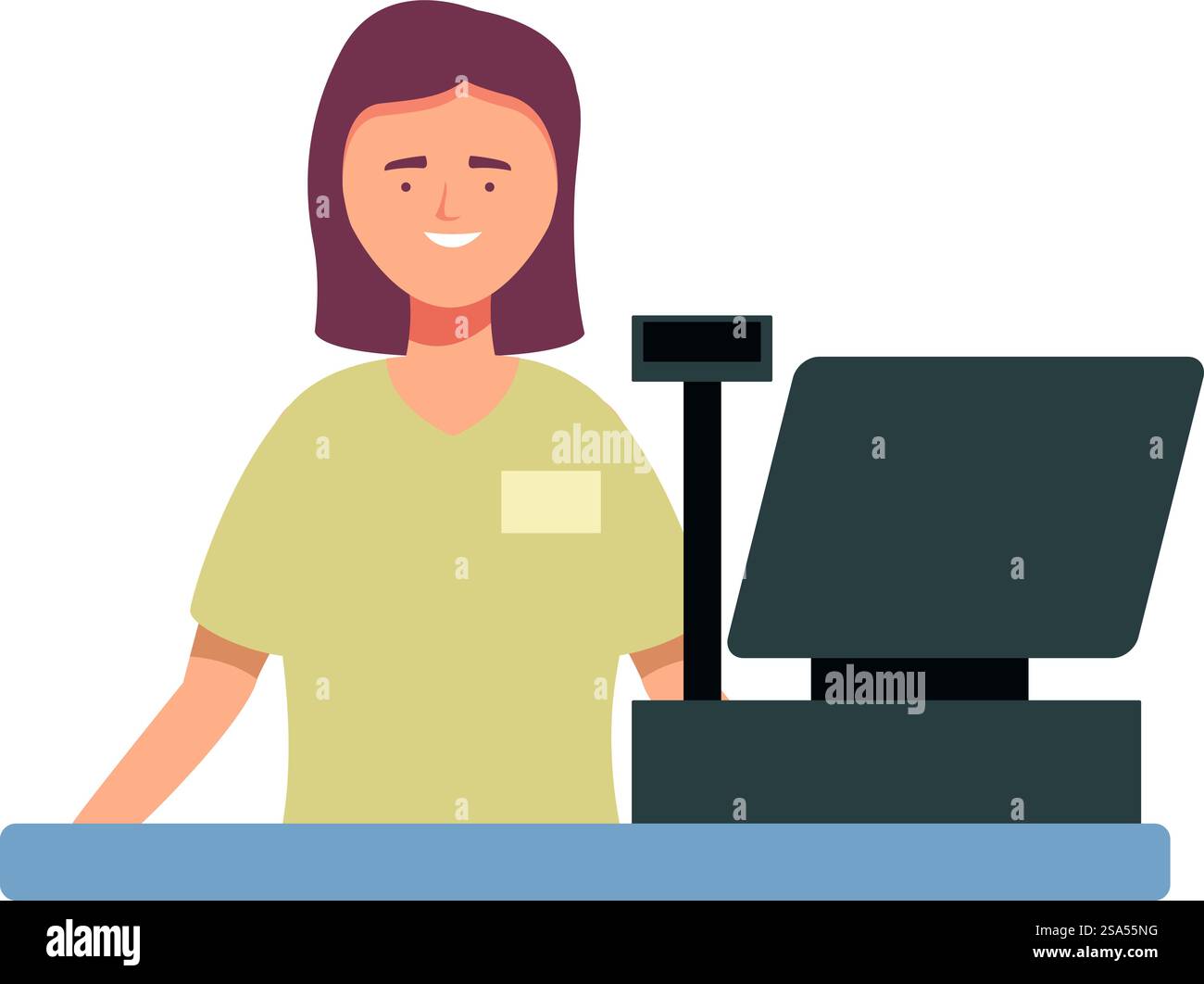 Illustration featuring a young cashier working at her cash register ...
