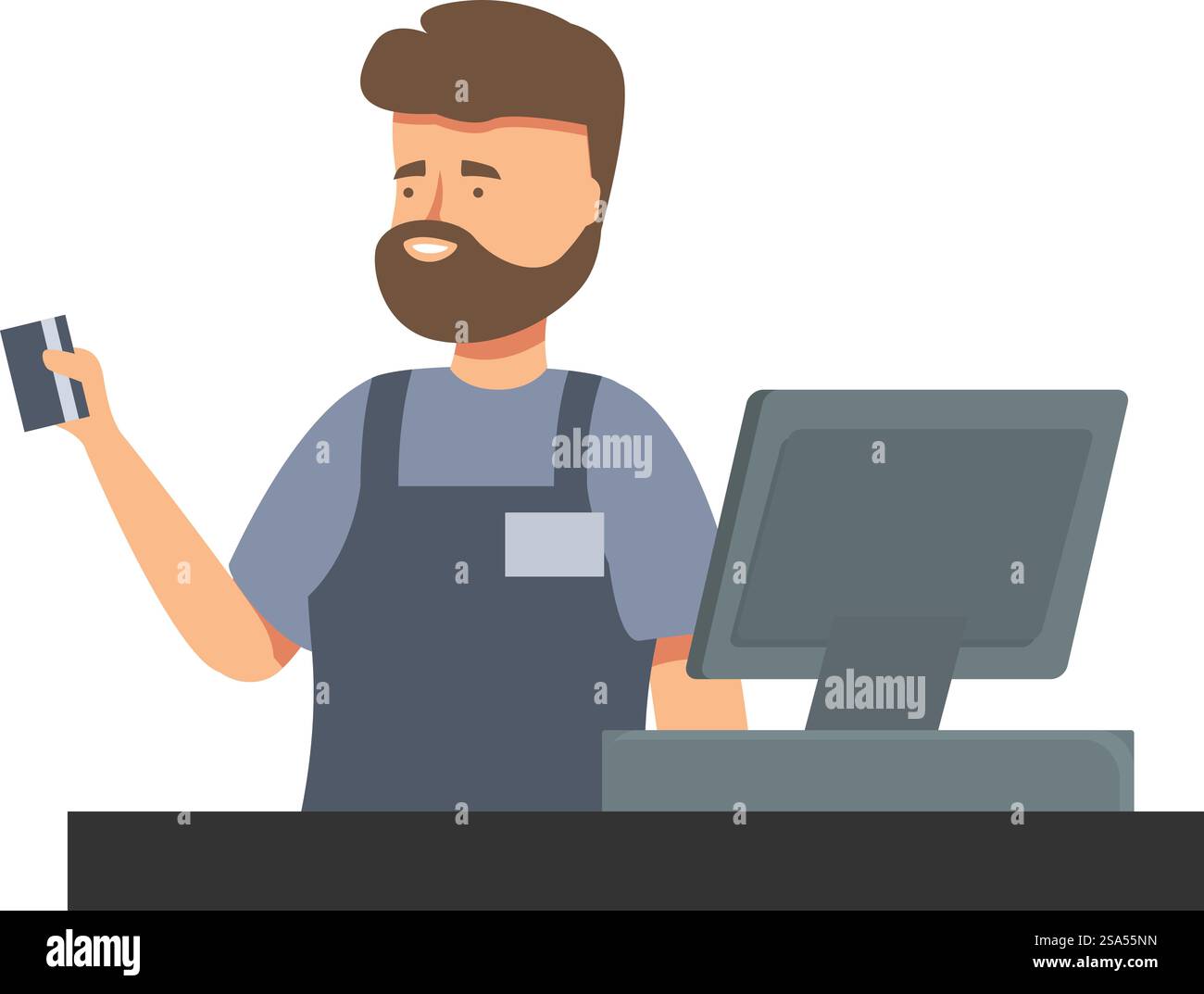 Male cashier is holding a credit card while working at the cash ...