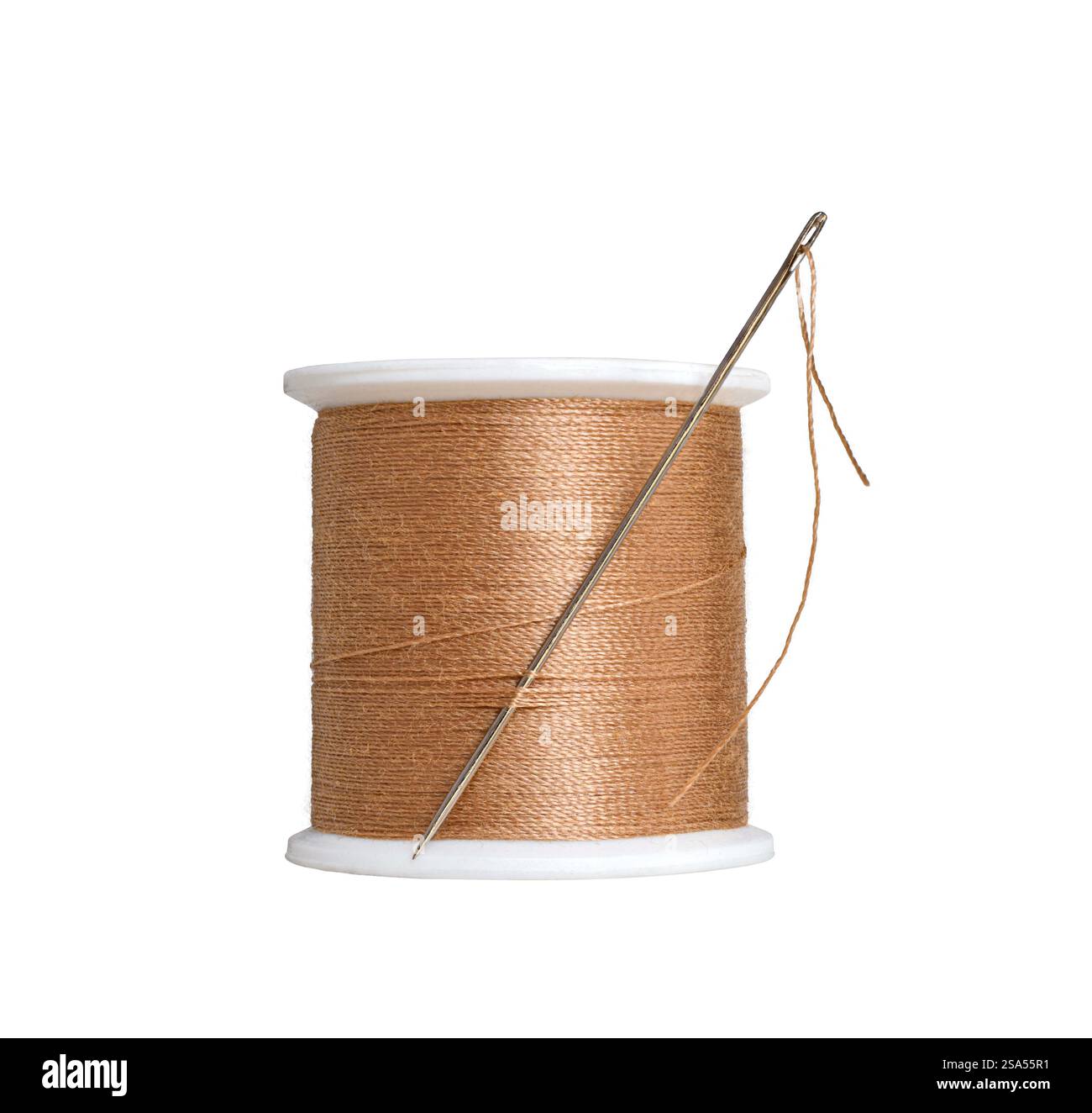 A spool with brown orange color sewing thread with a needle isolated ...