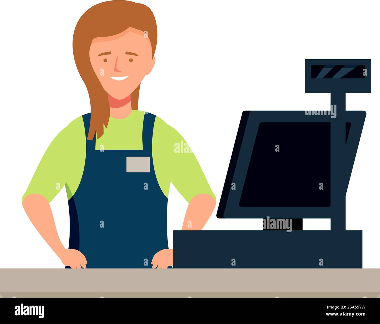 Cashier woman standing at cash desk in supermarket, smiling saleswoman ...