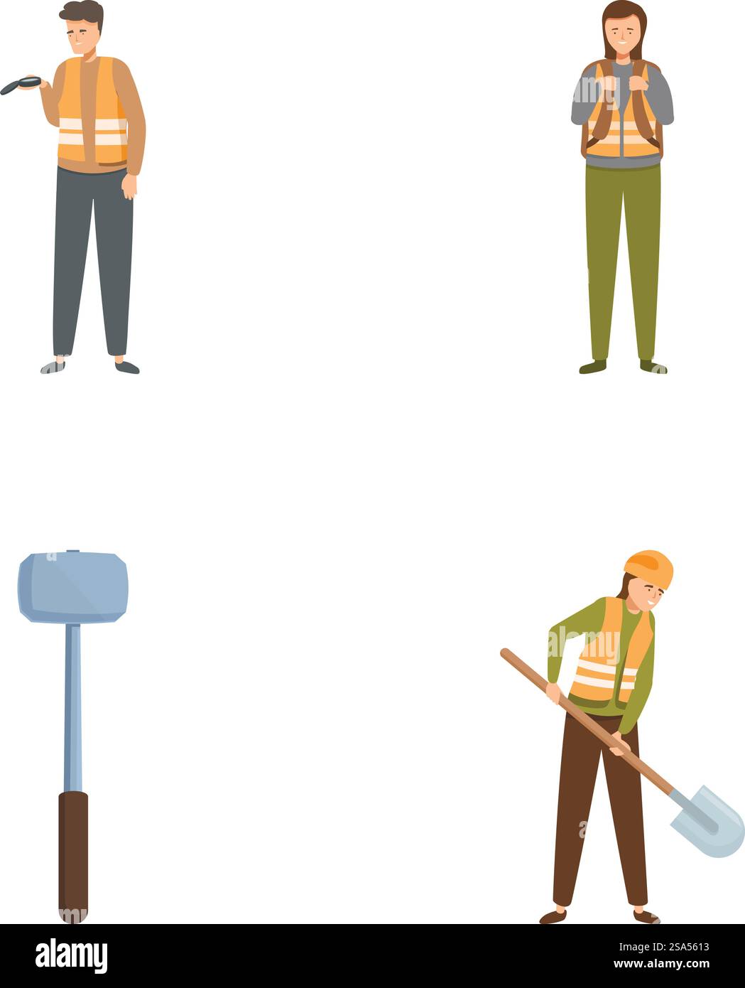 Illustrations of people equipped for an archaeological dig and ...