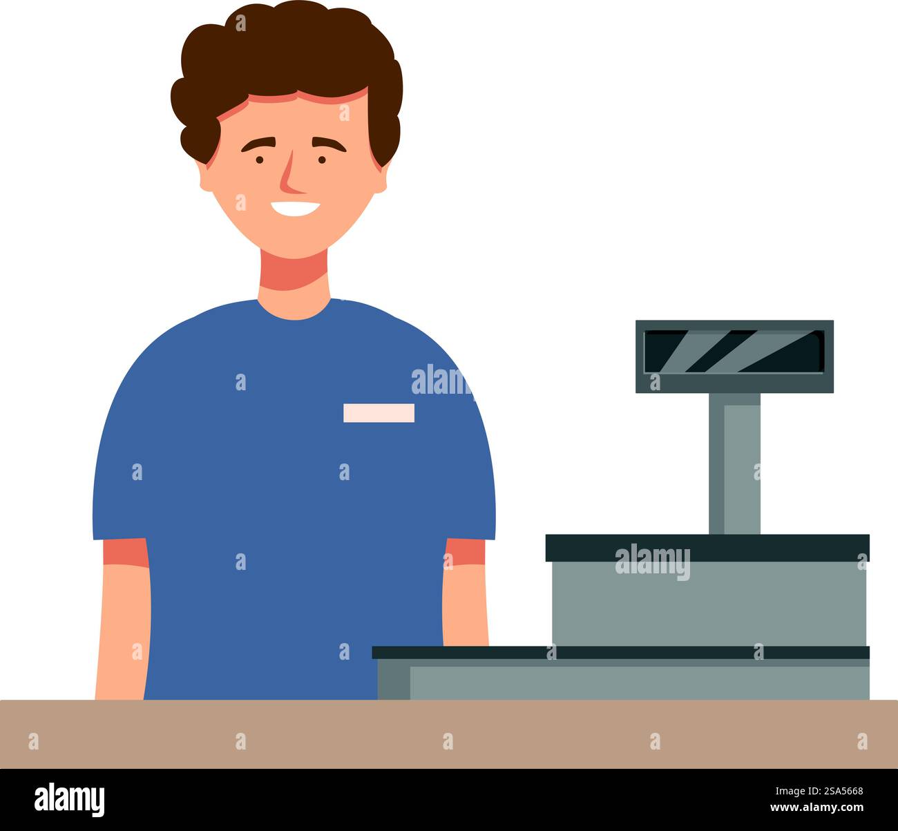 Young man wearing uniform standing behind counter with cash register ...