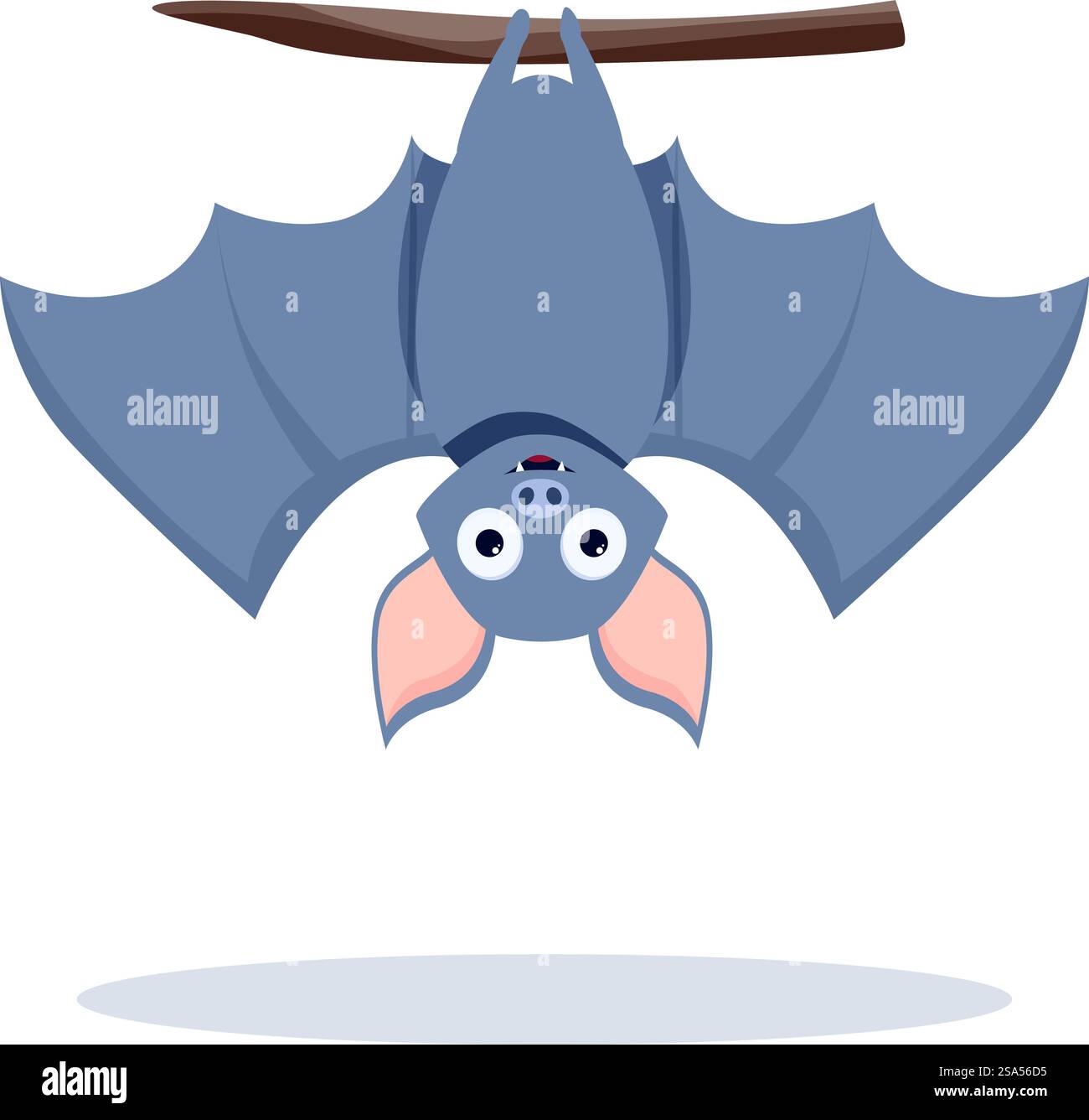 Friendly cartoon bat with big eyes is hanging upside down from a tree branch, enjoying the view ...