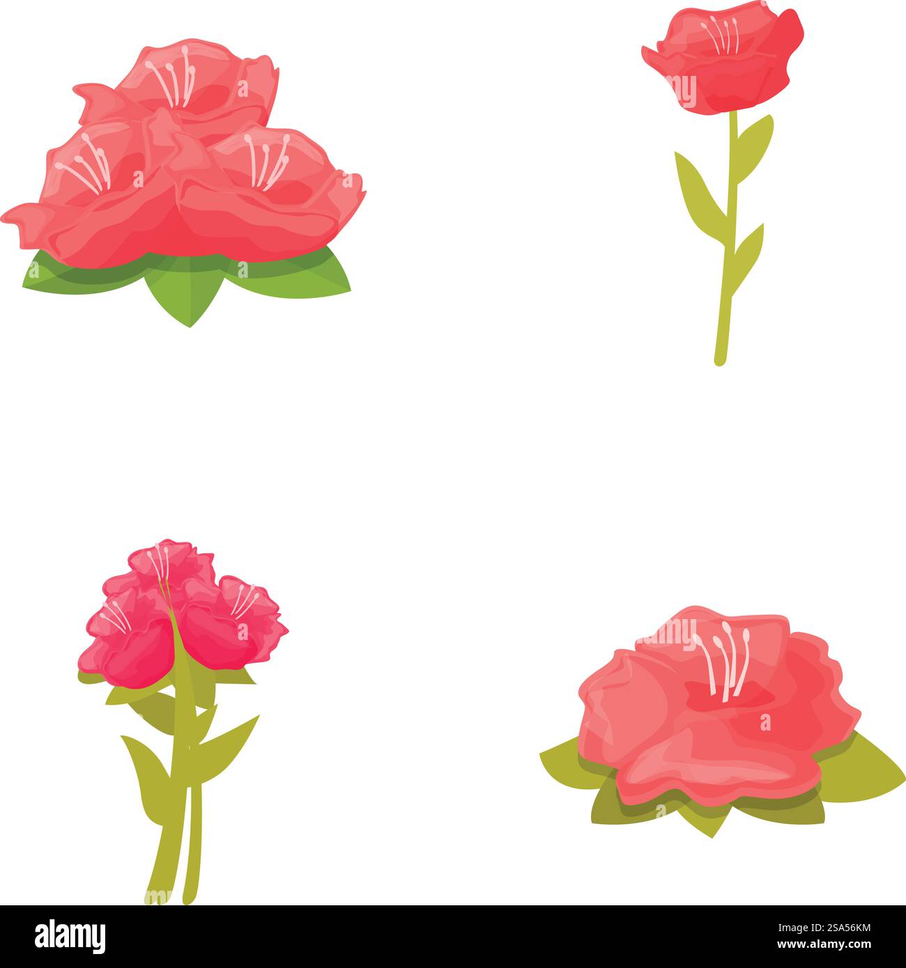 Collection of four red floral illustrations in cartoon style, isolated ...
