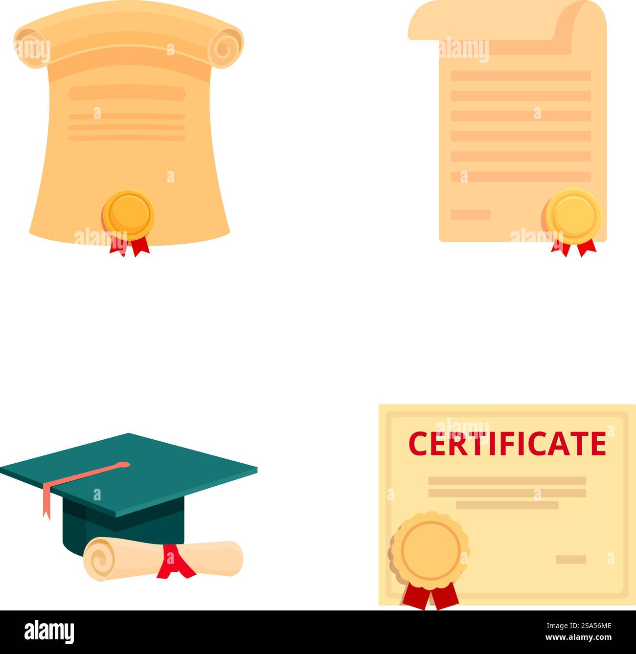 Illustration of graduation cap and various diploma or certificate ...