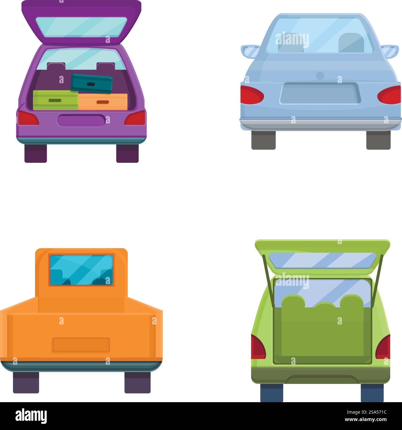 Automobile trunk icons set cartoon vector. Various minivan with open ...