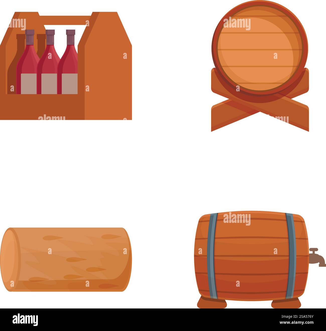 Vector set of wooden barrels and a carrier with bottles suitable for ...