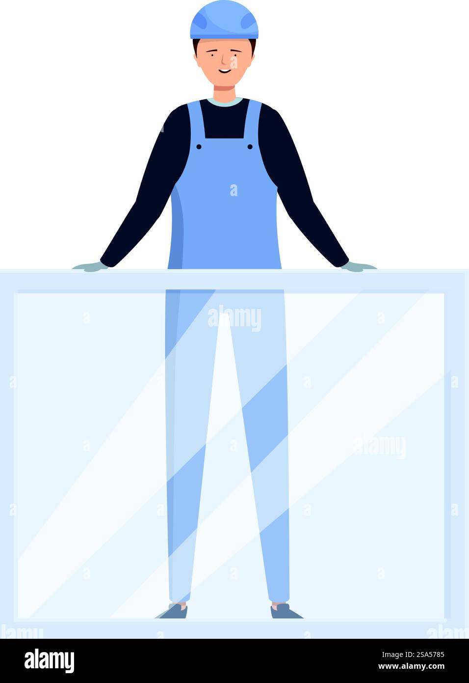Smiling glazier holding big window glass pane wearing blue overalls and ...