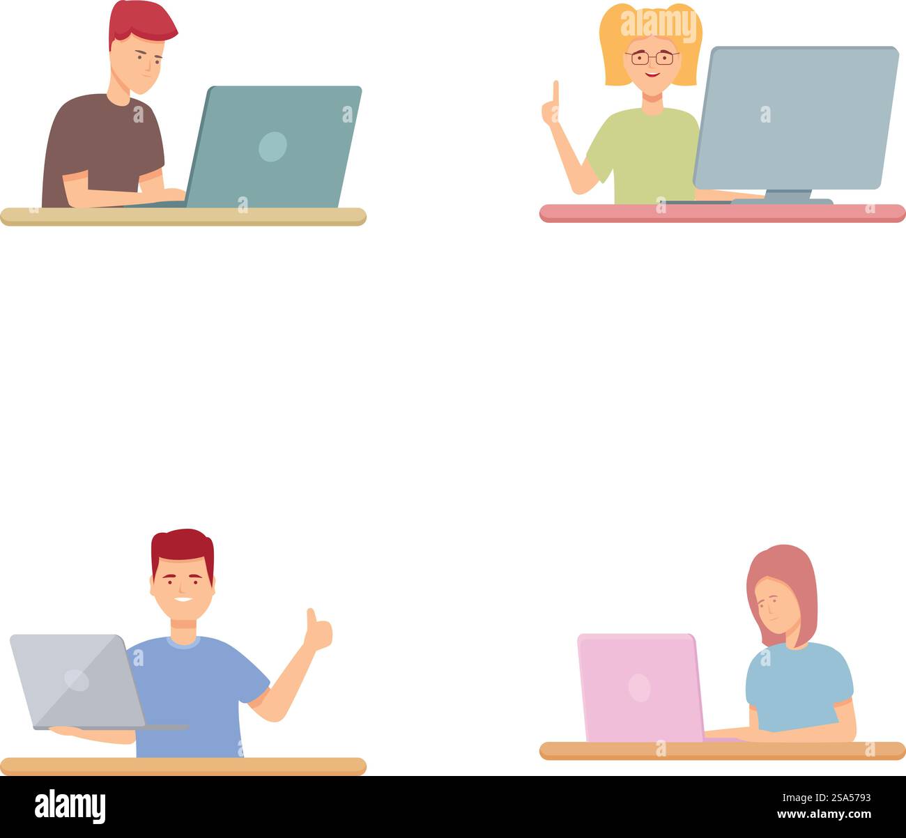 Vector illustrations showcasing four people engaged in computer work ...