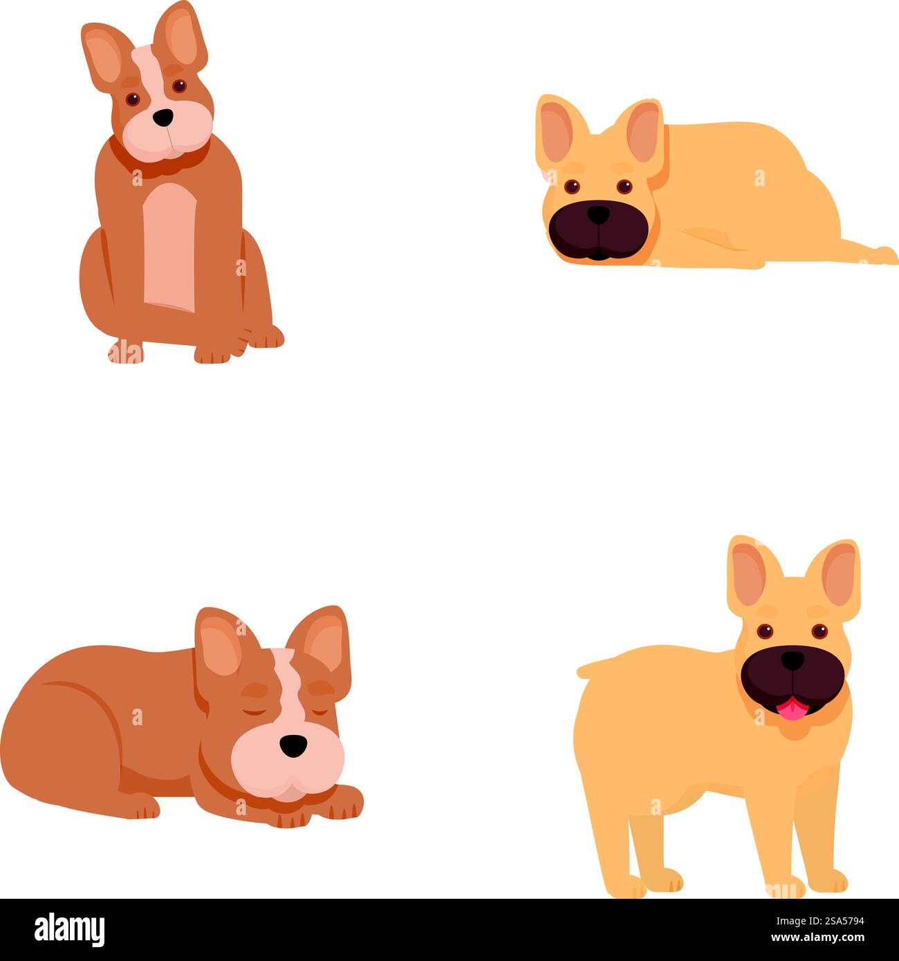 Set of four cute cartoon dogs in sitting, lying, and standing poses ...
