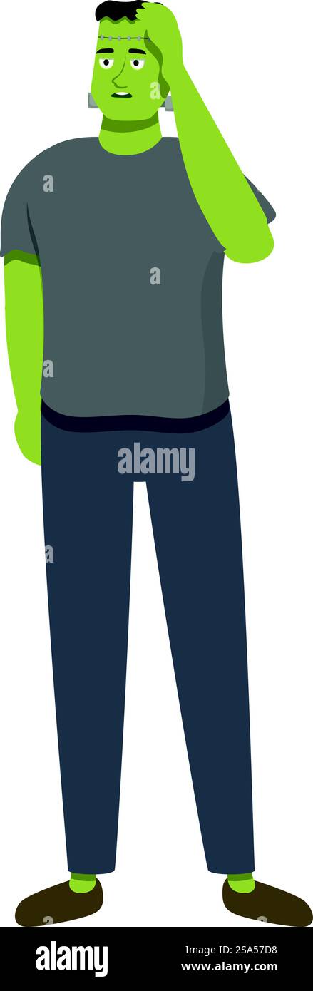 Green humanoid monster scratching his stitched forehead, puzzled and ...