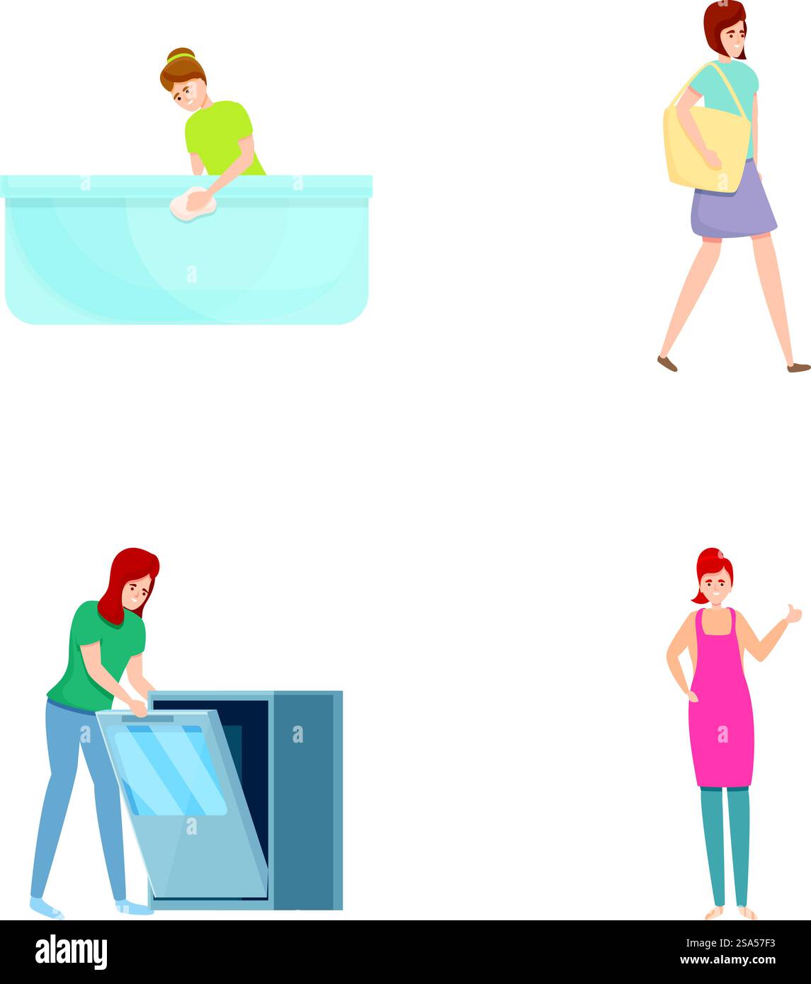 Modern housewife icons set cartoon vector. Housewife cleaning and ...