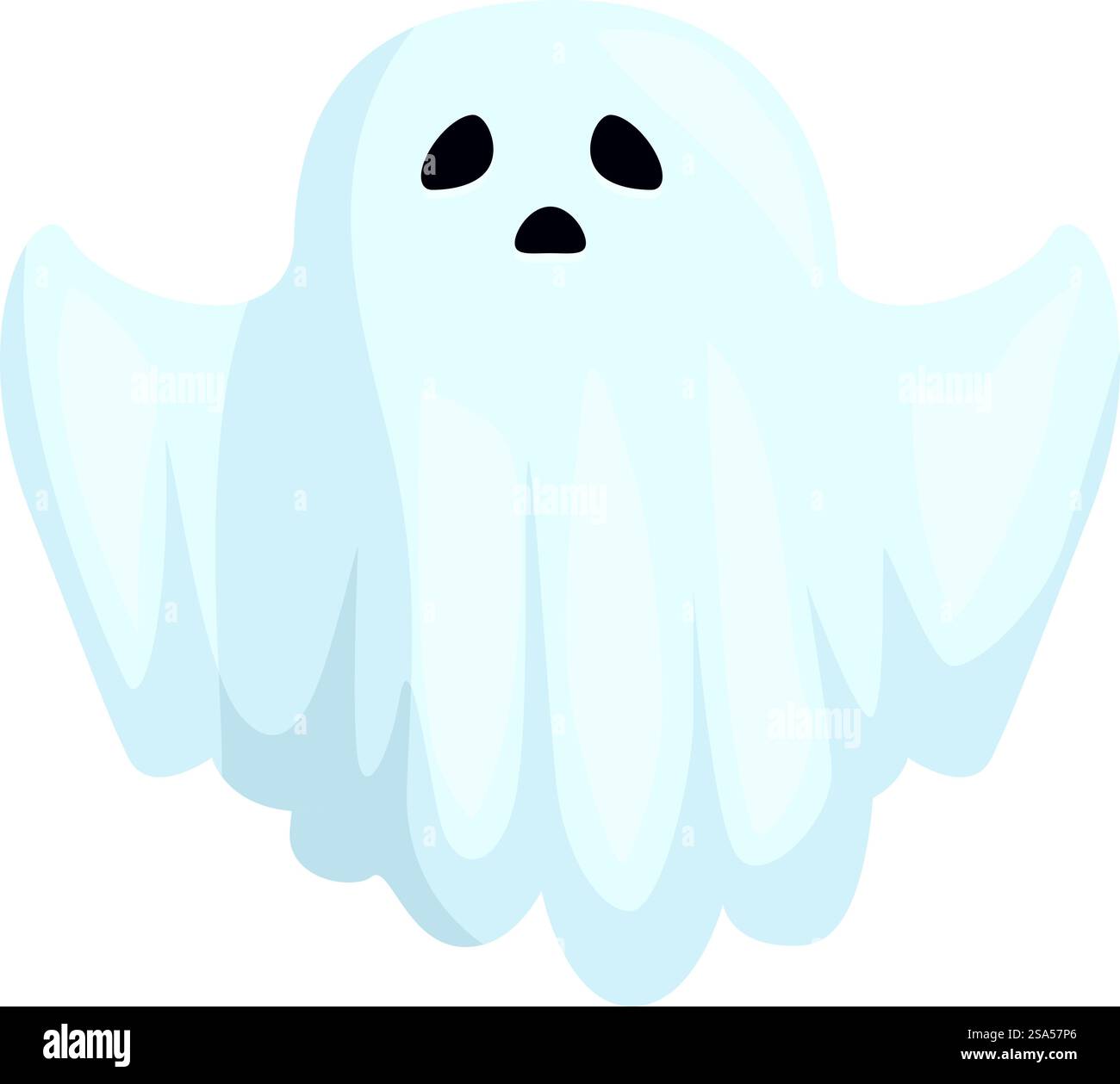 Cartoon ghost with sad face expression floating with arms raised. Blue ...
