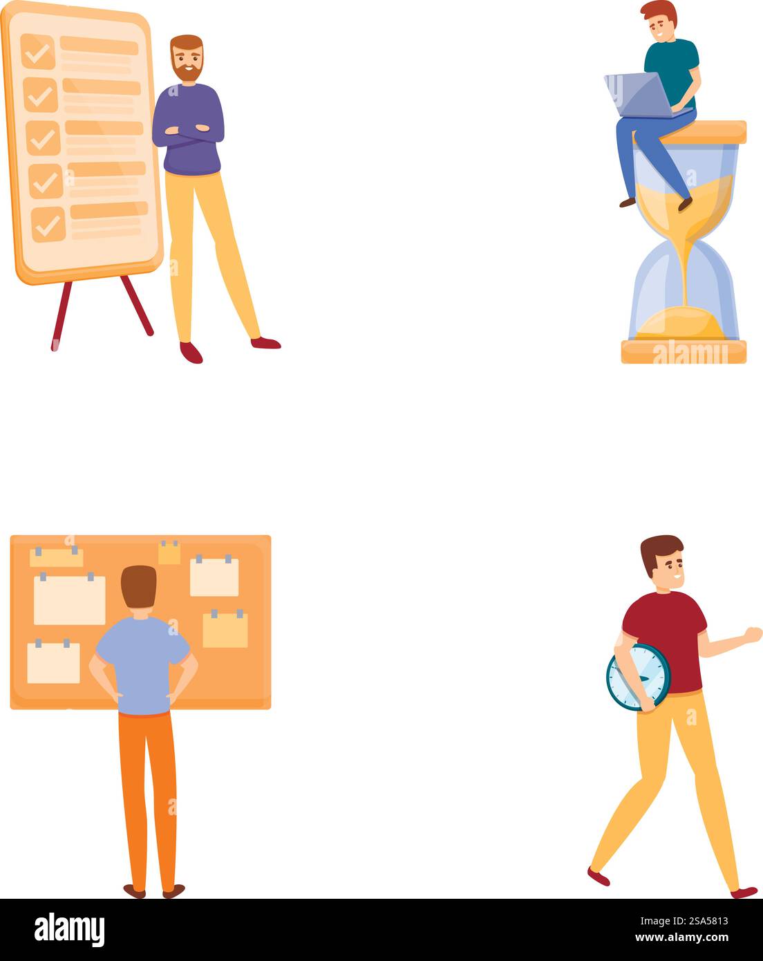 Work planning icons set cartoon vector. Group of people with clock and ...
