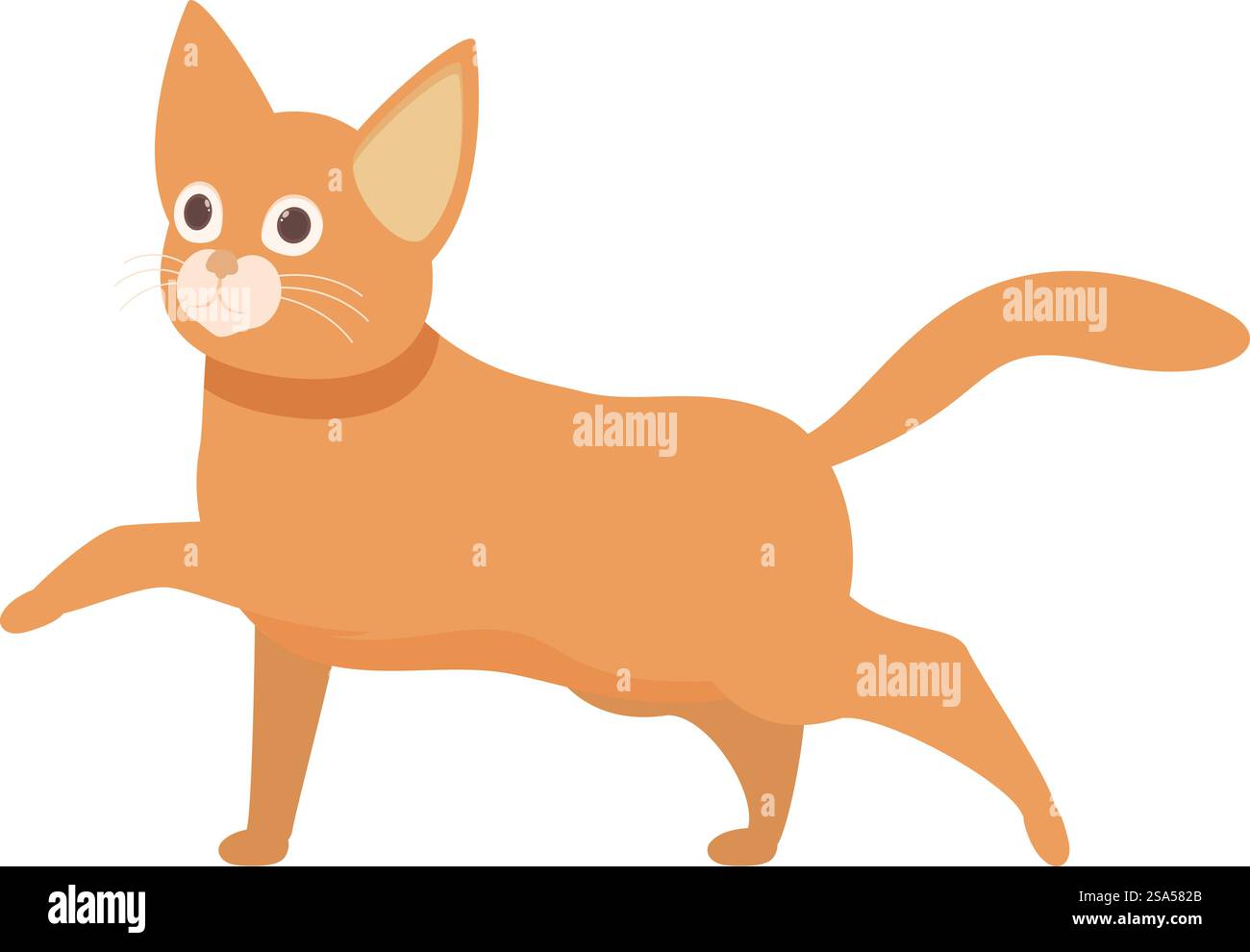 Cute cartoon ginger cat is walking toward the left with its right paw ...