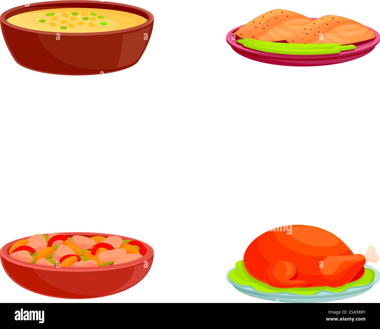 Collection of four cartoon food illustrations, including soup, bread ...