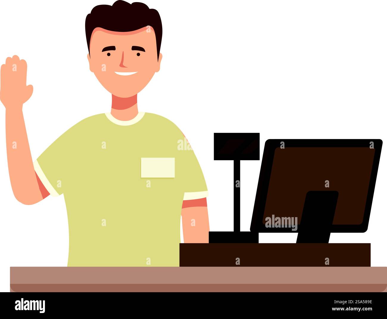 Smiling male cashier waving at the checkout counter of a grocery store ...