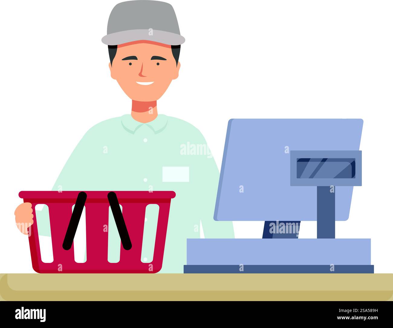 Friendly cashier working at his cash register, holding a shopping ...