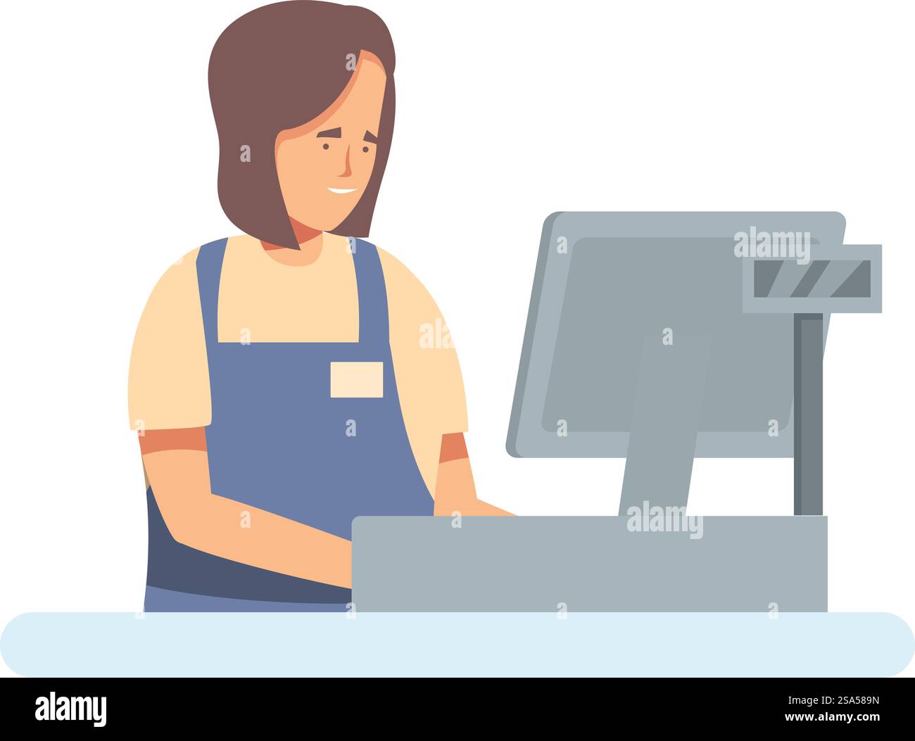 Friendly cashier is scanning groceries at the checkout of a supermarket ...