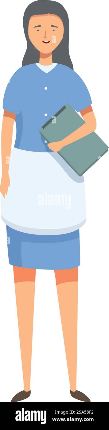 Smiling female hotel maid holding a clipboard is standing at attention ...