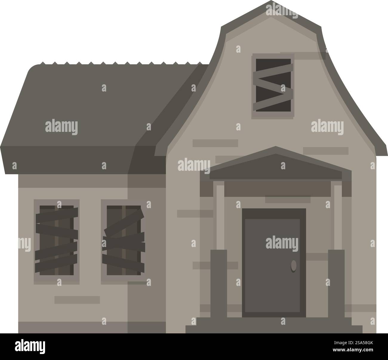 Abandoned house with boarded up windows depicting poverty and despair. Old run down building ...