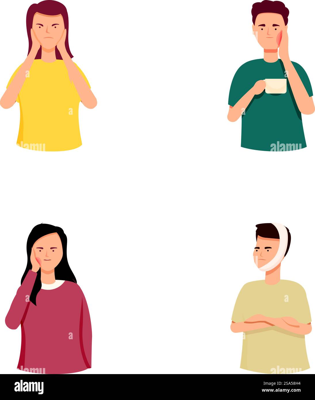 Set of four illustrated characters signaling to be quiet with finger on ...