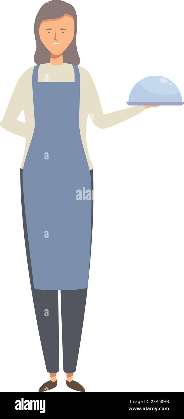 Friendly waitress is holding a covered serving tray, ready to serve ...