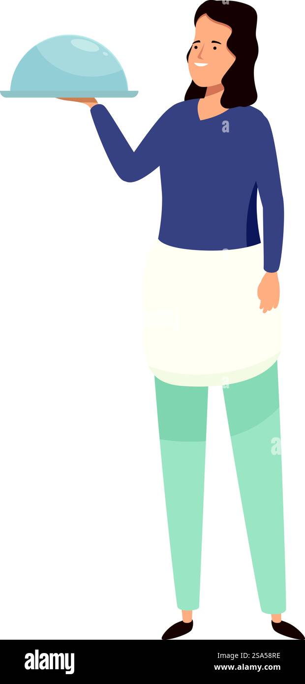 Friendly waitress is holding a metal food serving tray, ready to serve ...