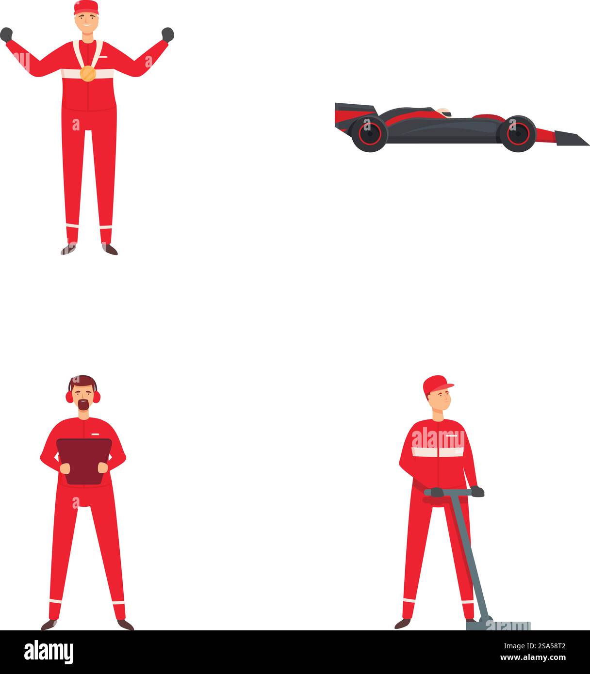 Vector illustrations of a pit crew team in uniform and a racing car isolated on white. Set of ...