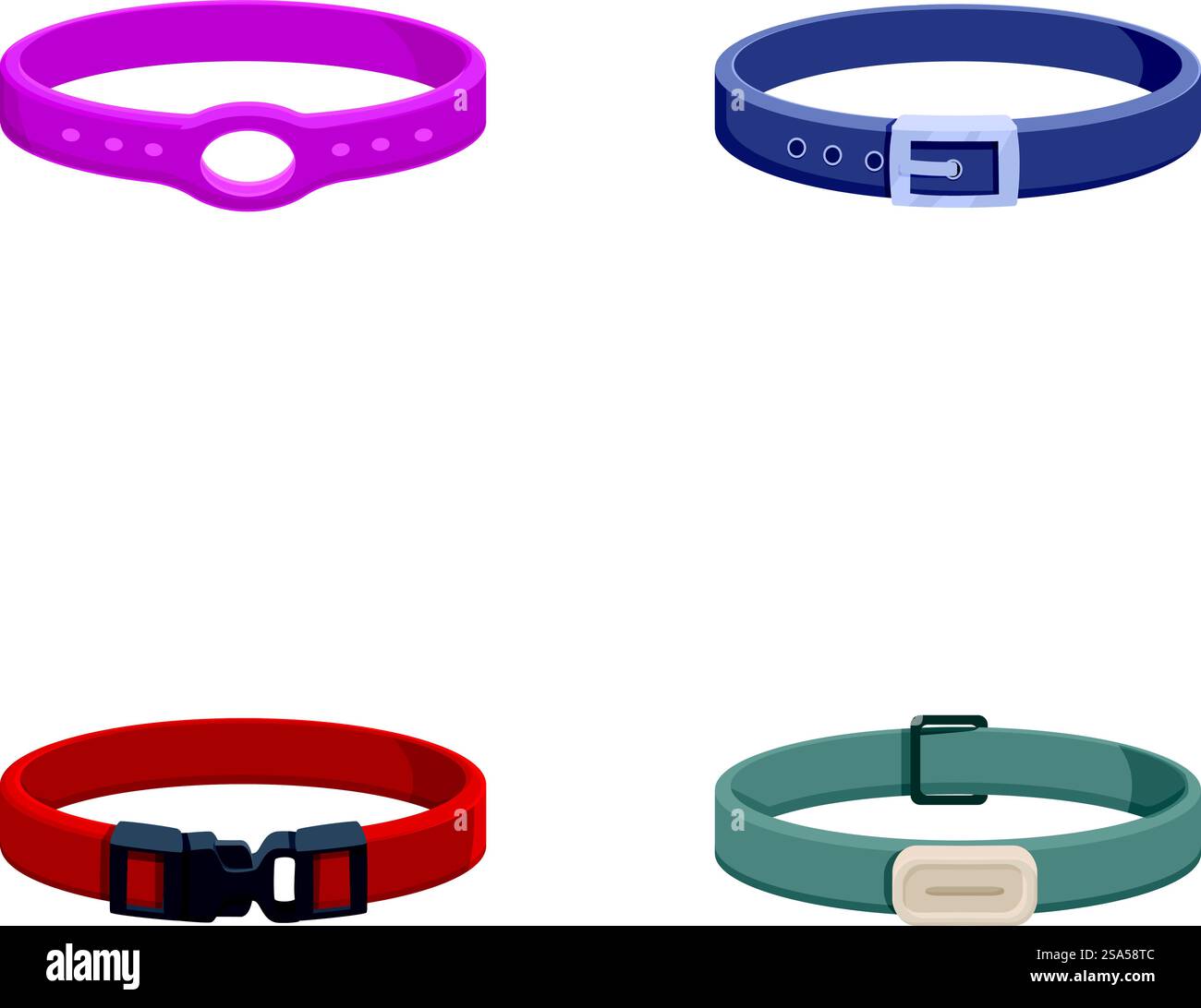 Illustration displaying four different styles and colors of dog collars ...