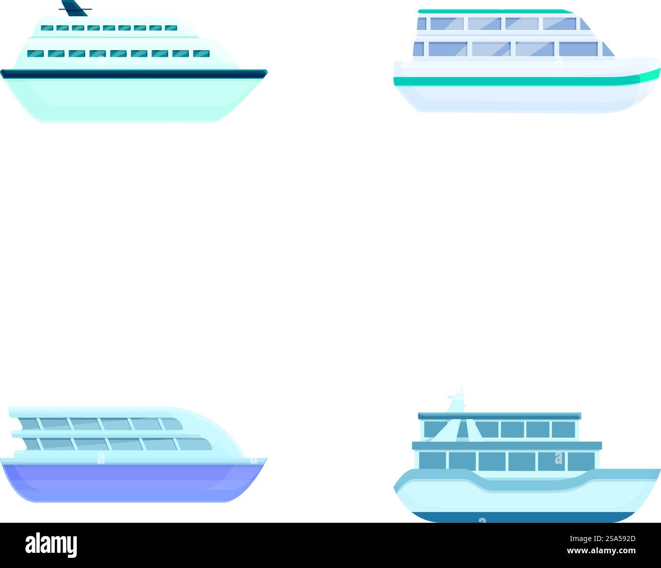 Ferry ship icons set cartoon vector. Passenger or cargo ferry ship. Sea ...