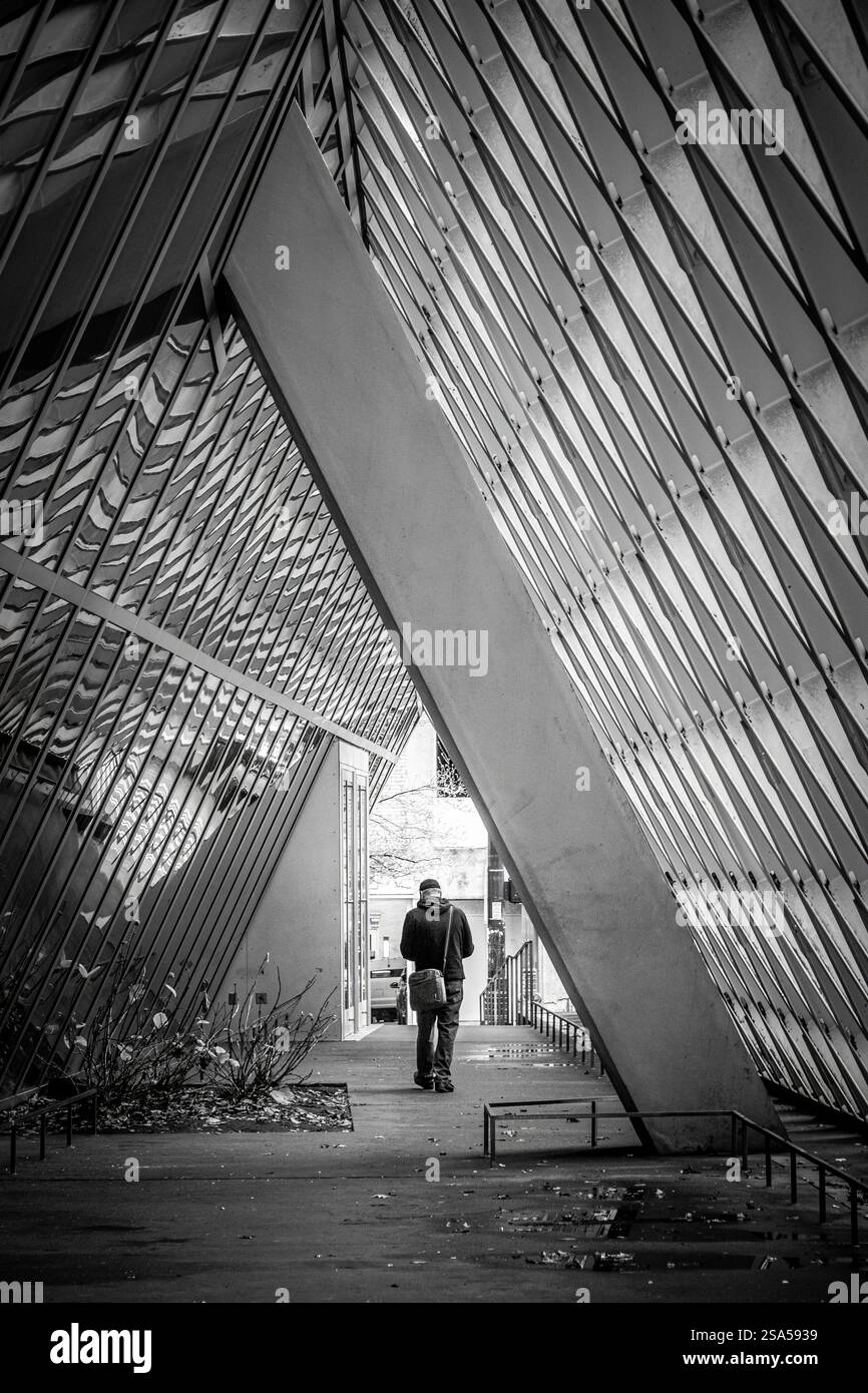 A black-and-white urban scene highlighting the striking architecture of ...