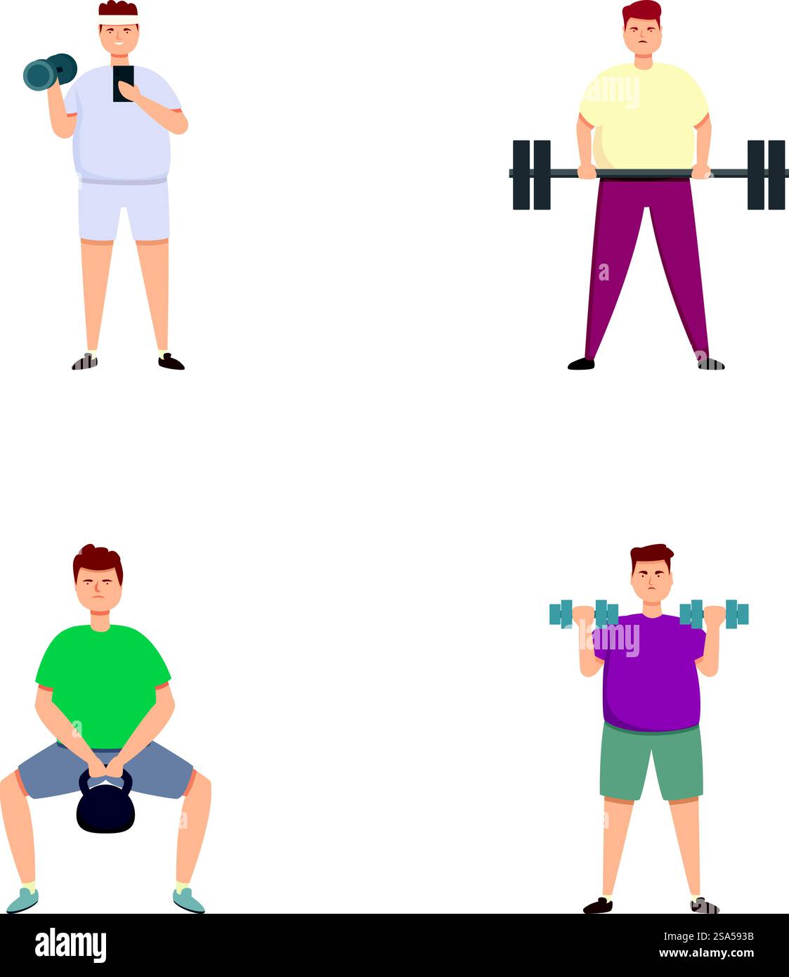 Set of four illustrations depicting men engaged in different strength ...