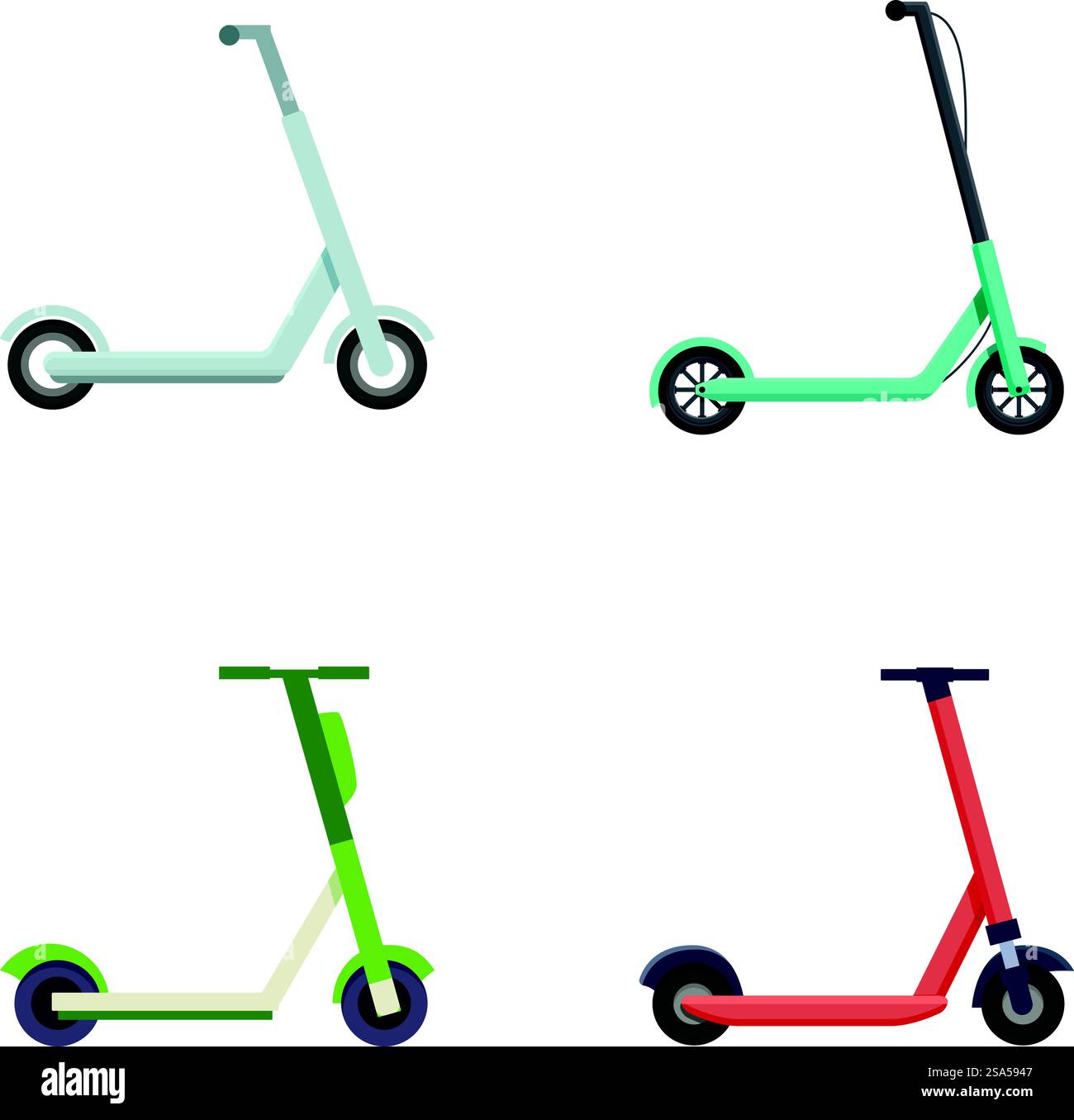 Vector illustration collection of four modern scooters in different ...
