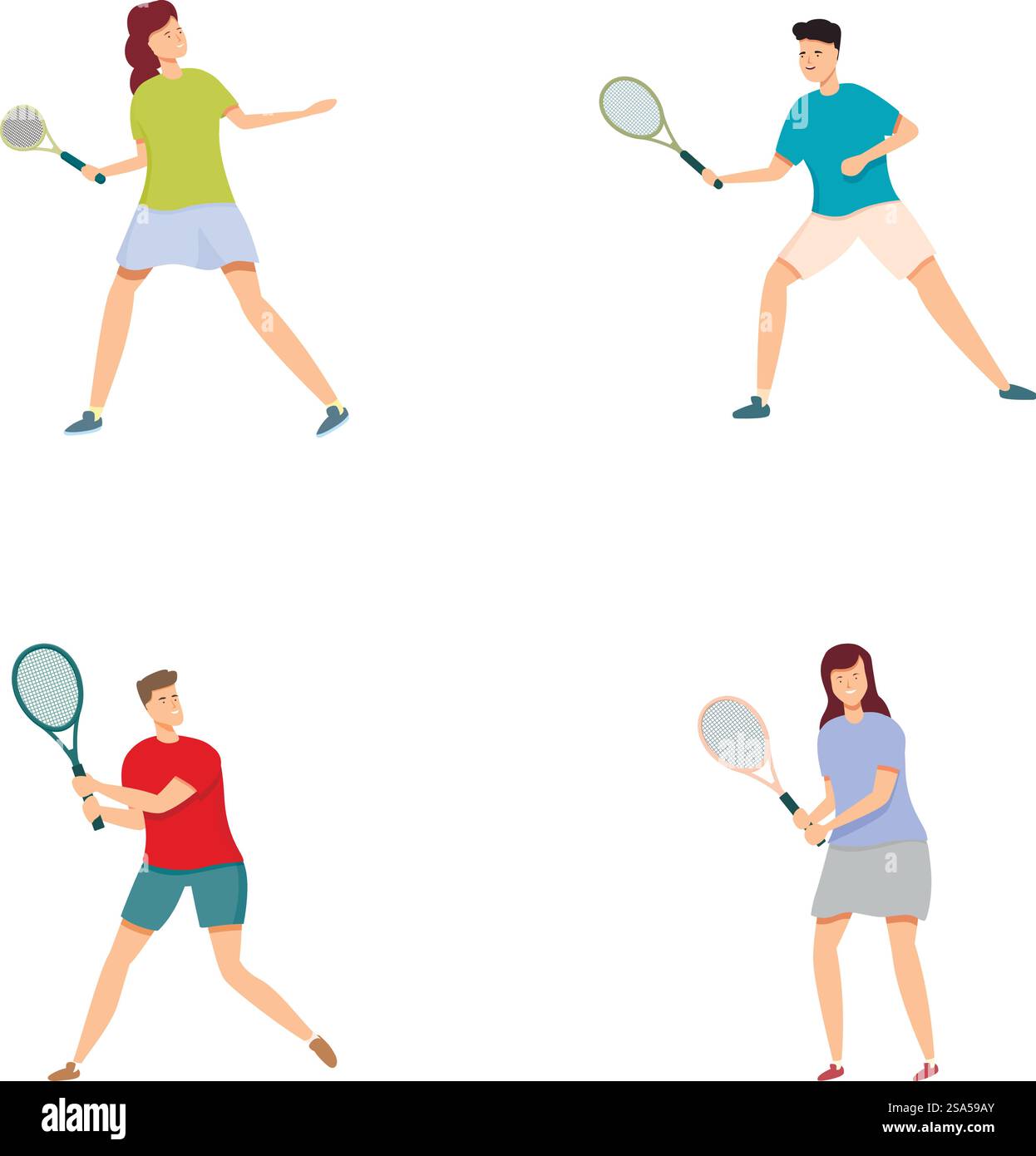 Vector set of tennis players with rackets in different poses. Tennis ...