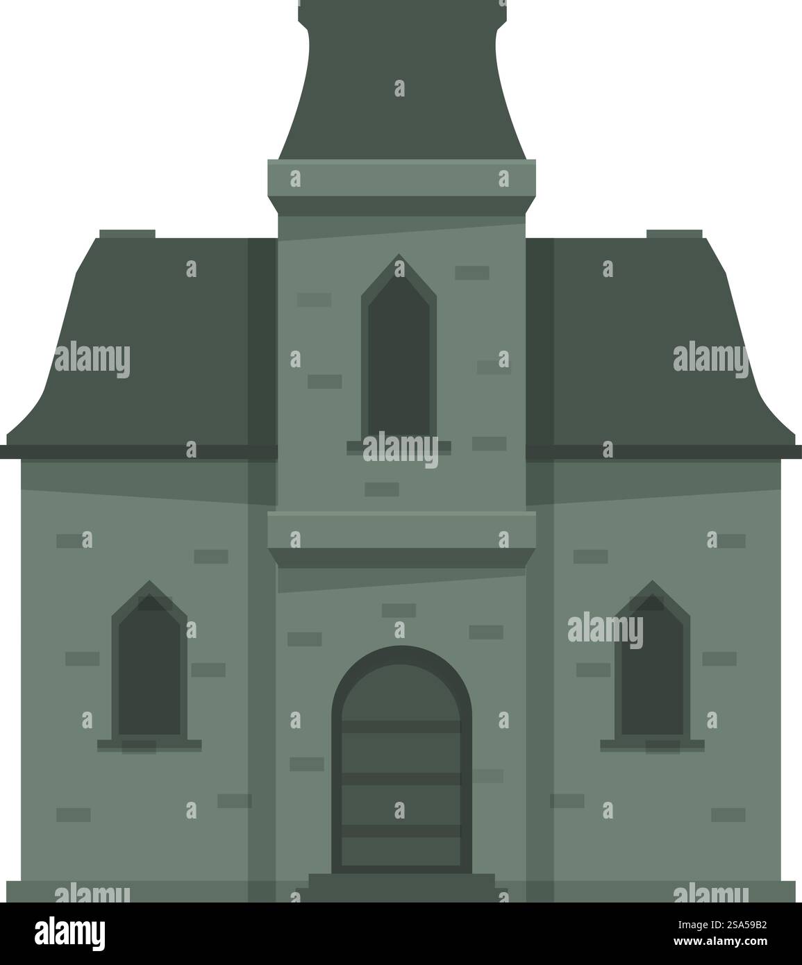 Spooky old stone mansion with tower, arched doorway, and windows. Old ...