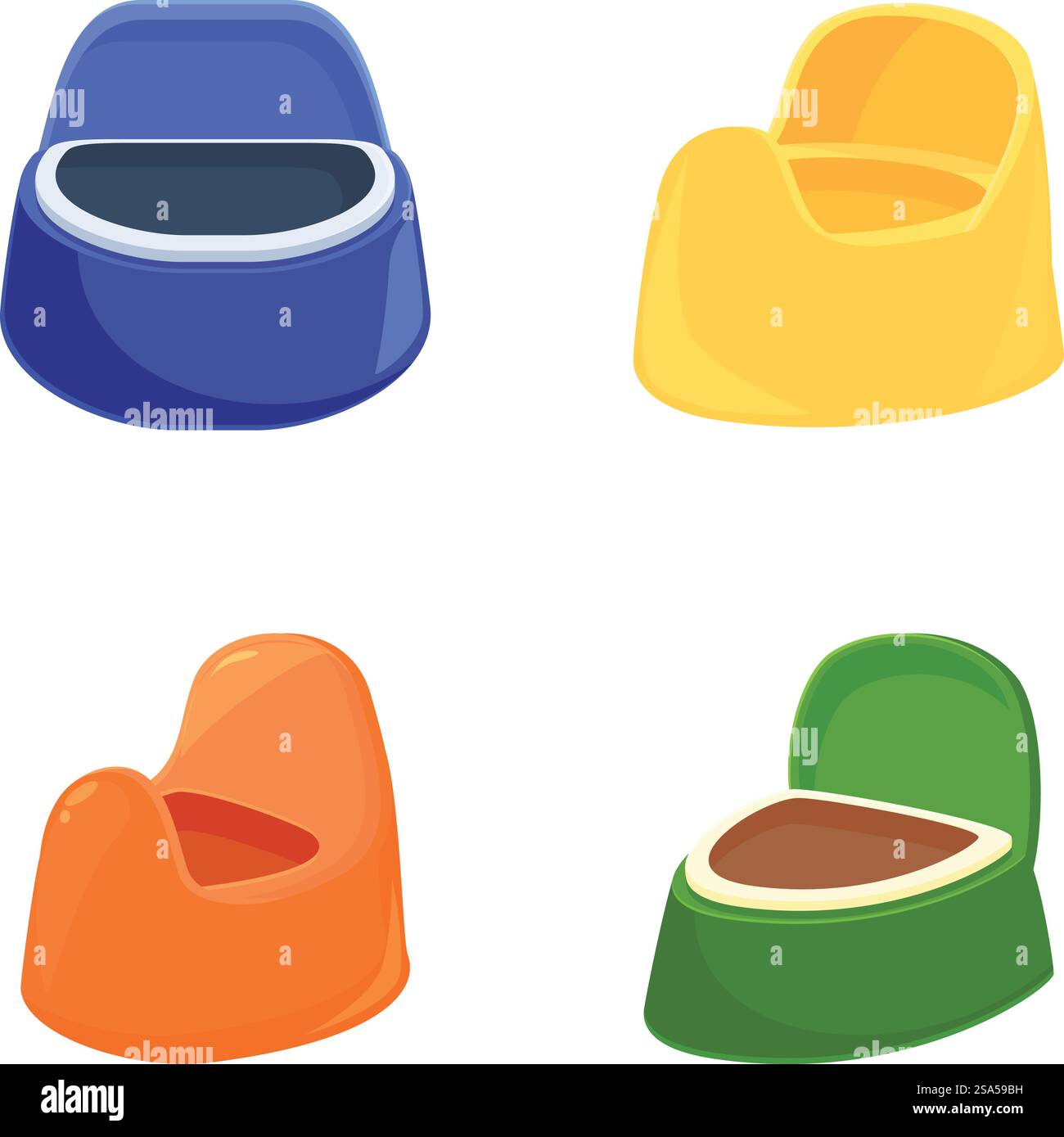 Illustration of four colorful children’s potties in blue, yellow ...
