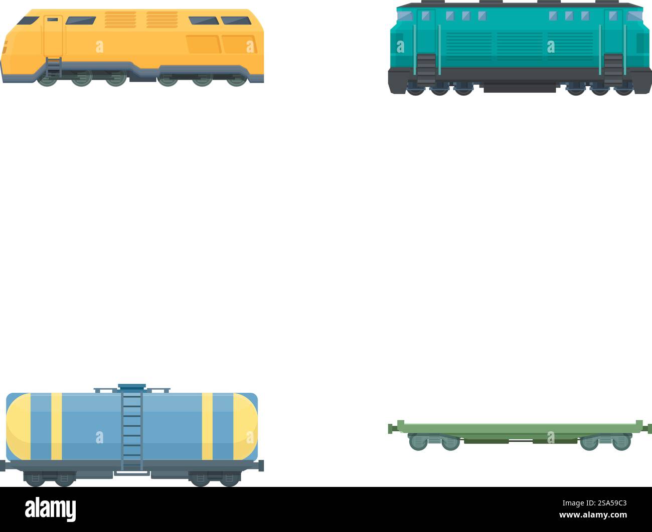 Four colorful cartoon trains, including passenger and freight models ...