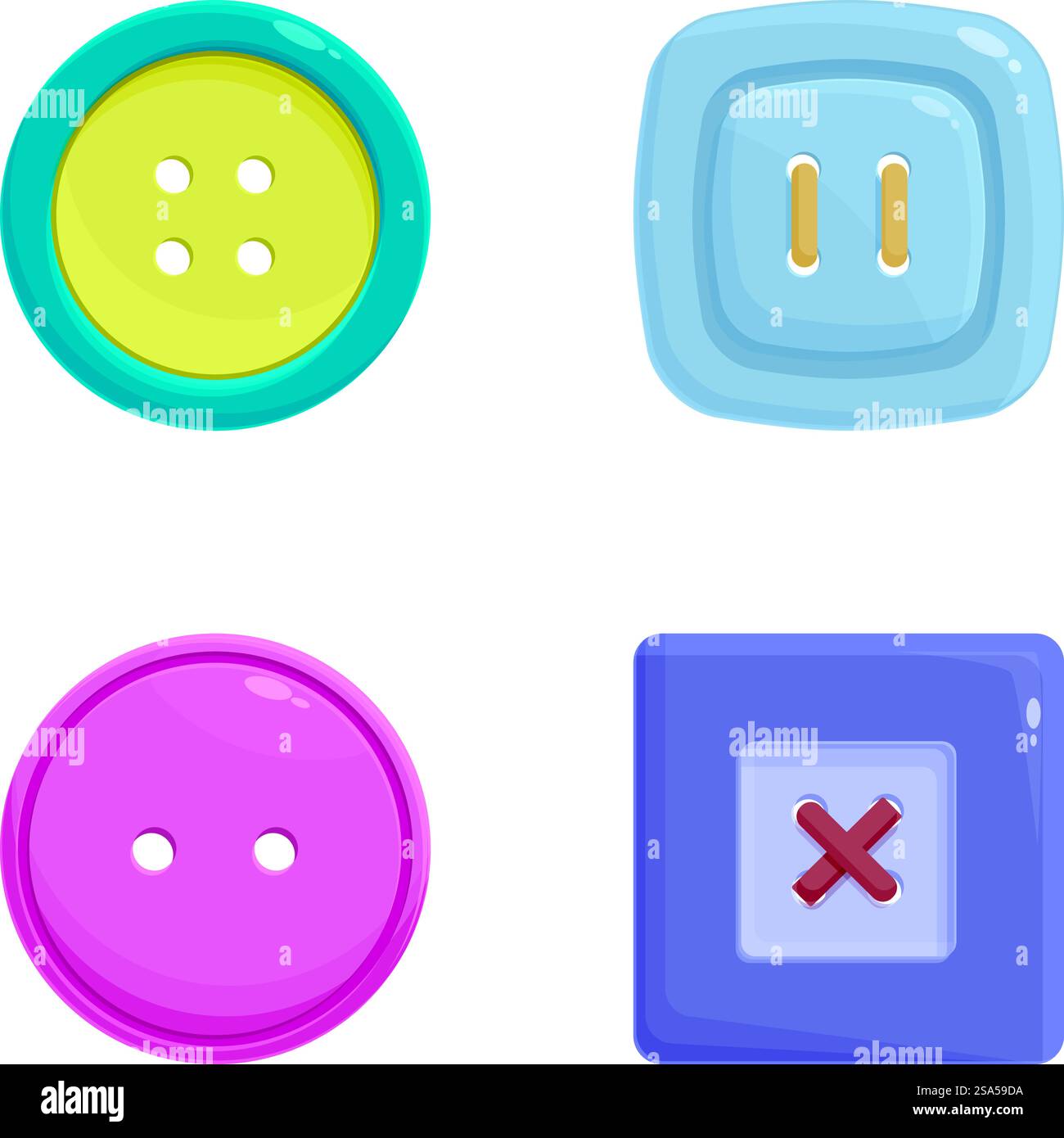 Colorful digital illustration of four different clothing buttons and ...