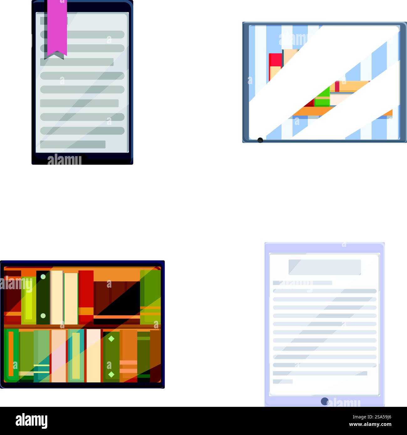 E library icons set cartoon vector. Gadget with book and text on screen ...