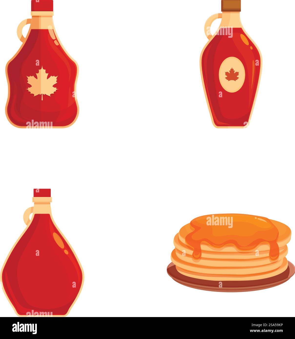 Set of cartoonstyle maple syrup bottles and pancakes with syrup topping ...