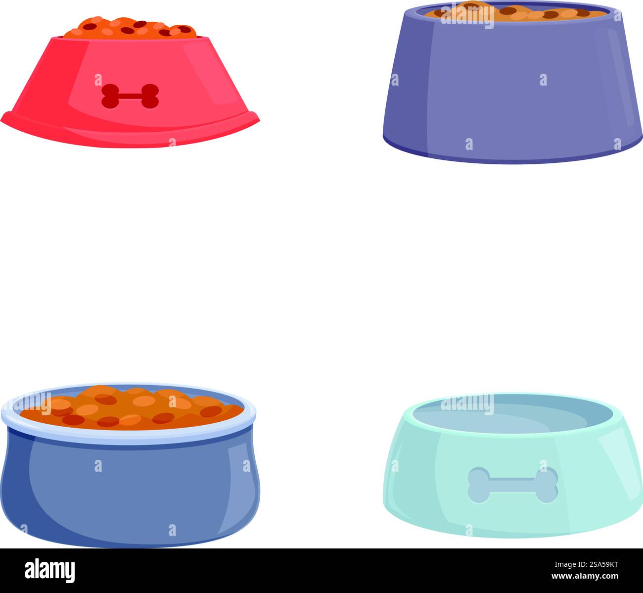 Colorful illustration of four pet food bowls filled with dog kibble ...