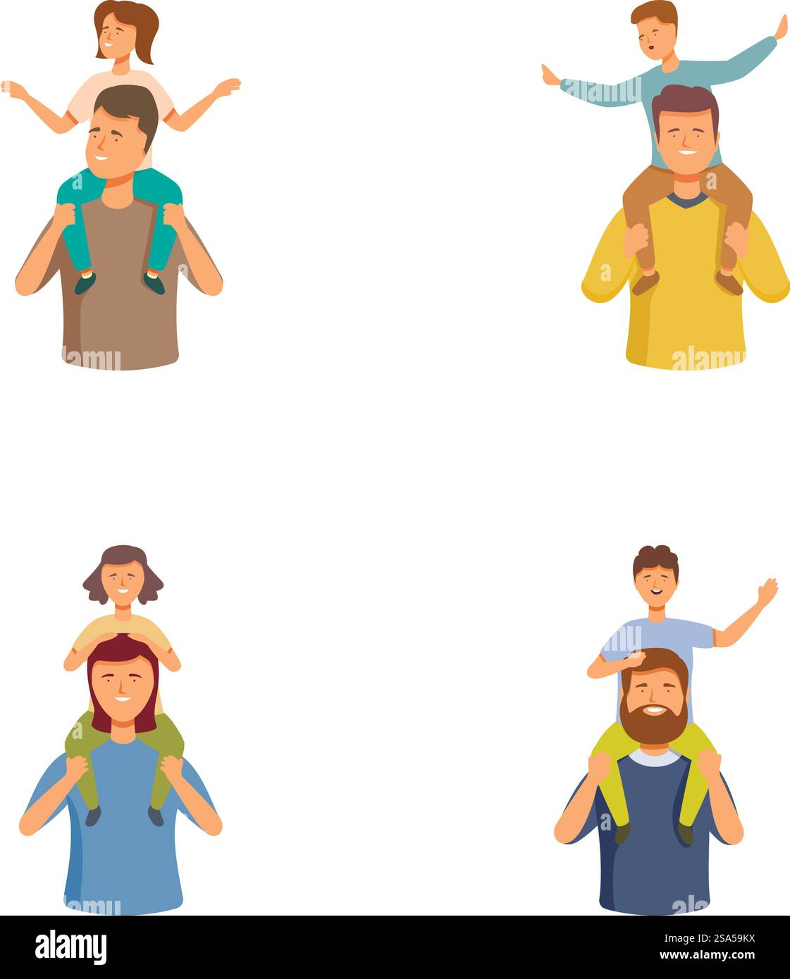 Set of colorful illustrations depicting joyful piggyback moments ...