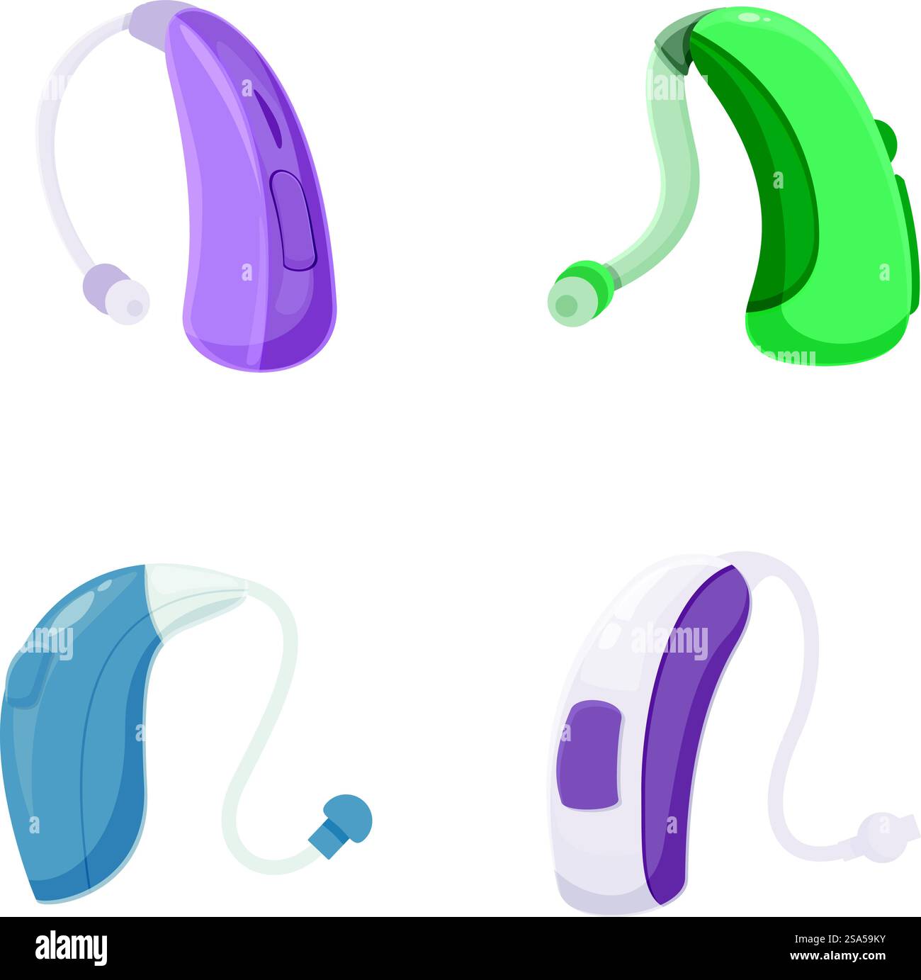 Set of four colorful cartoonstyle hearing aids isolated on white ...