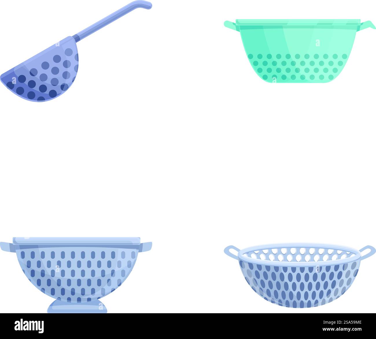 Cook colander icons set cartoon vector. Colander of various shape and ...